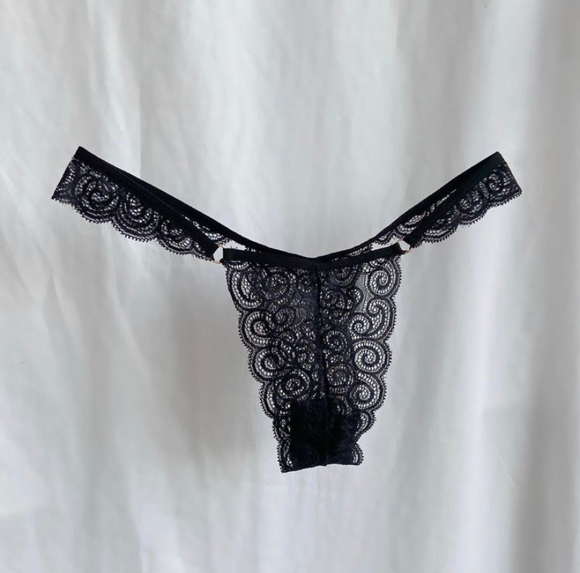 Classy Lingerie Set Black, Lace Bra and Thong, Adjustable Top, Handmade ...