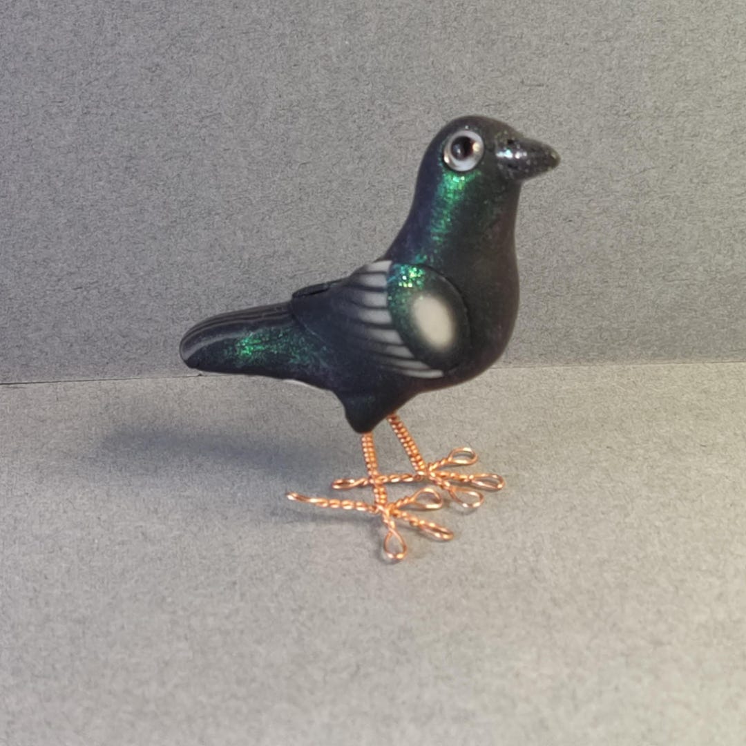 Handmade Iridescent Black Raven Crow Miniature Polymer Clay Bird ...