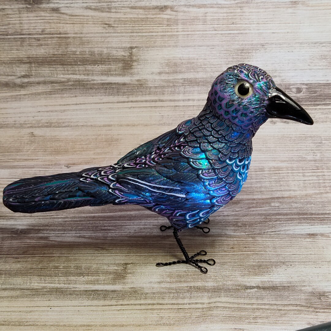 Colorful Glow Crow Hand Sculpted Polymer Clay Bird in Purple, Black ...