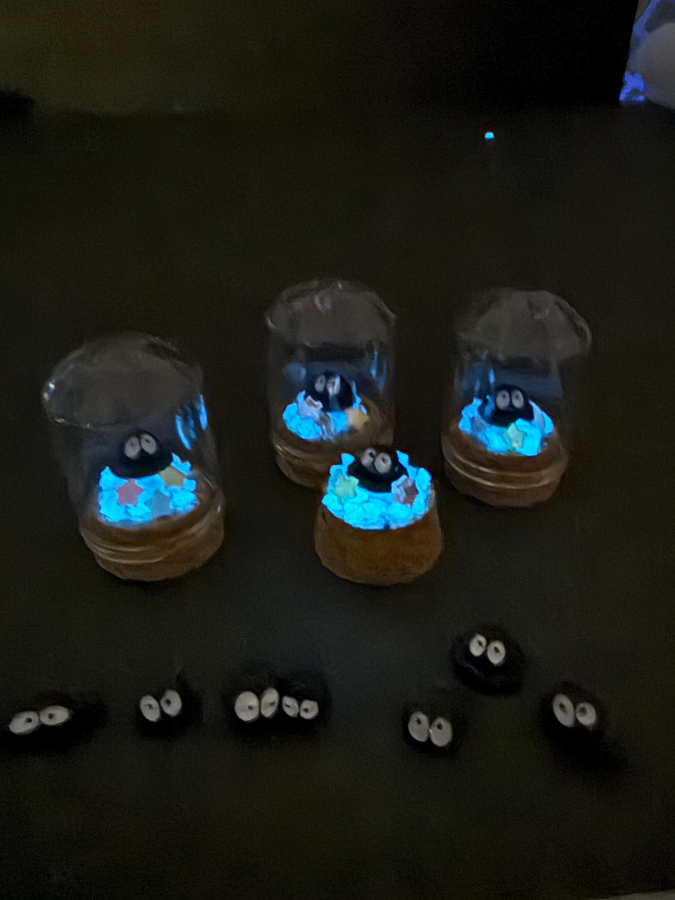 Mini/miniature Soot Sprite! in a Glass Dome. Glow in the Dark Pebbles ...