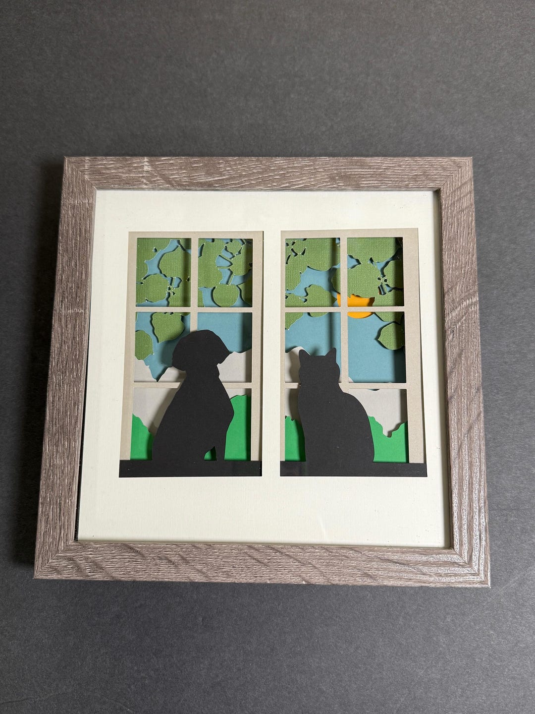 3D Layered Cardstock Dog and Cat Window Scene. Brown Shadowbox W/glass ...
