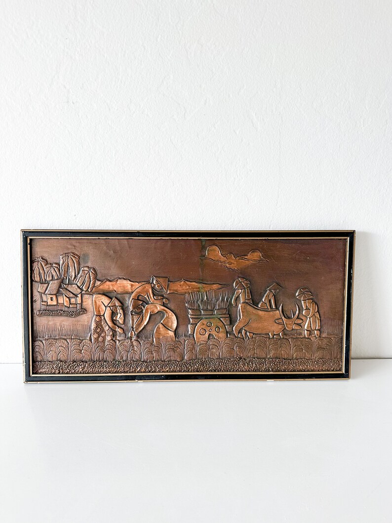 Vintage Copper Relief Art Pressed Copper Wall Art Plaque Men Farming 3D ...