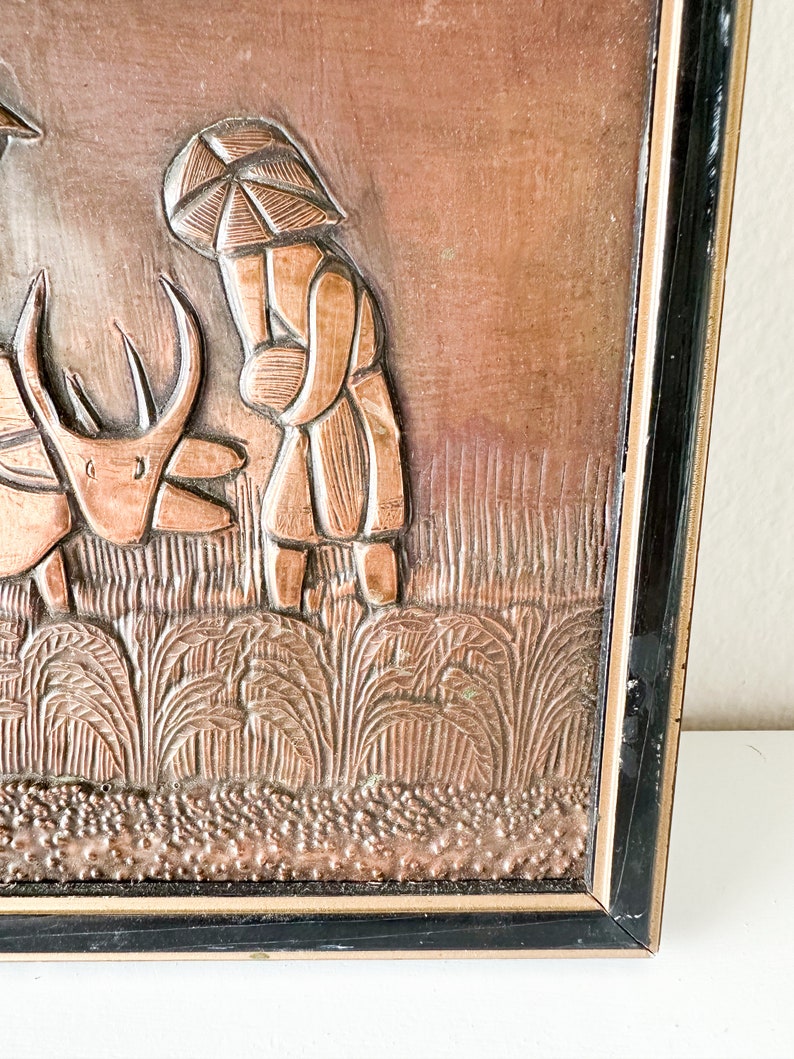 Vintage Copper Relief Art Pressed Copper Wall Art Plaque Men Farming 3D ...