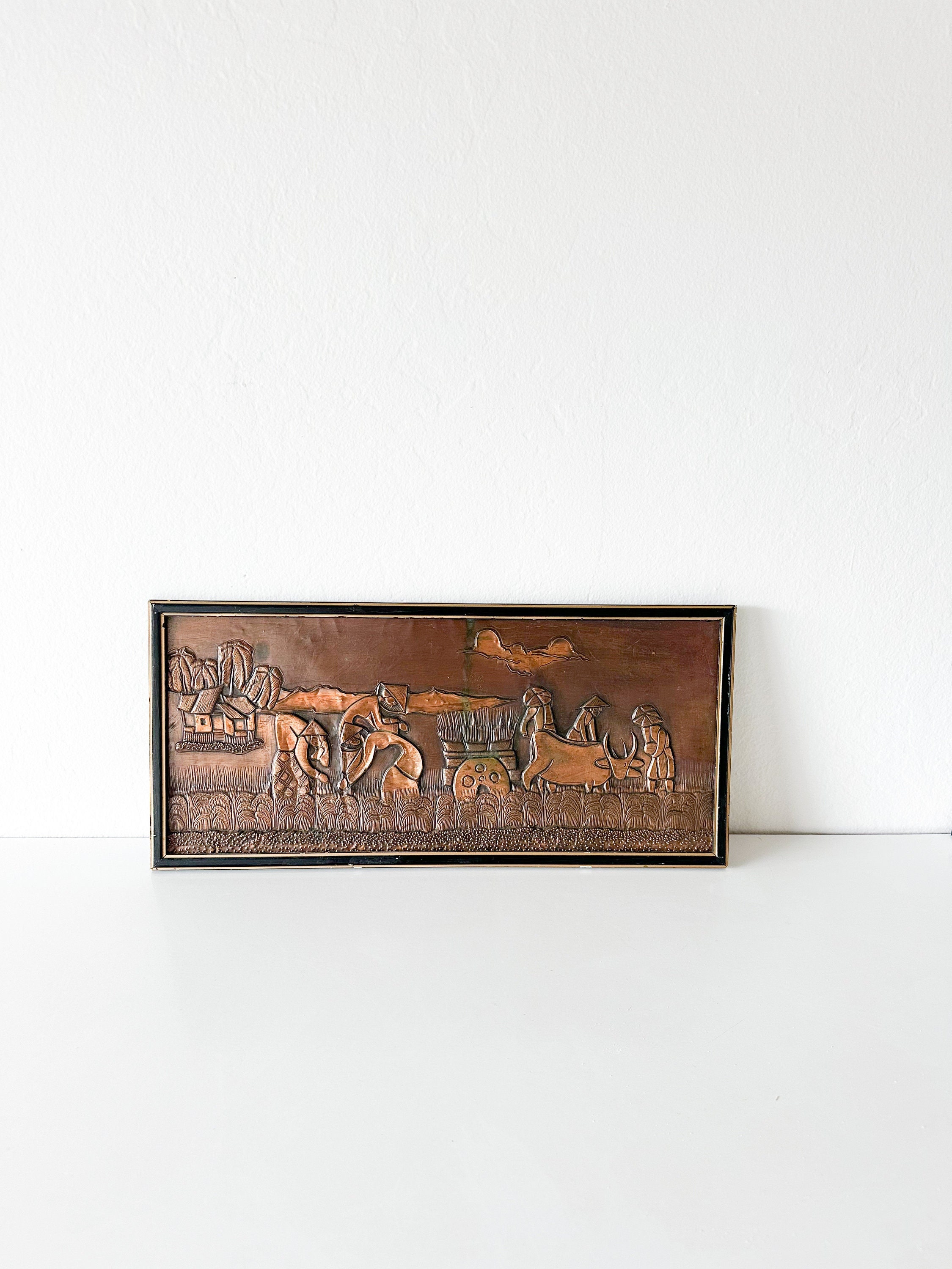 Vintage Copper Relief Art Pressed Copper Wall Art Plaque Men Farming 3D ...