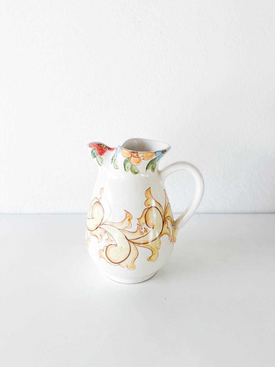 Vintage Hand Painted Ceramic Floral Italian Pitcher Light Yellow Flower ...