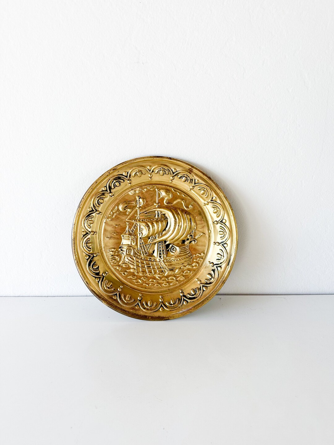 Vintage Brass Plated Ship Plate | Nautical Decor Circular Plaque | Gold ...