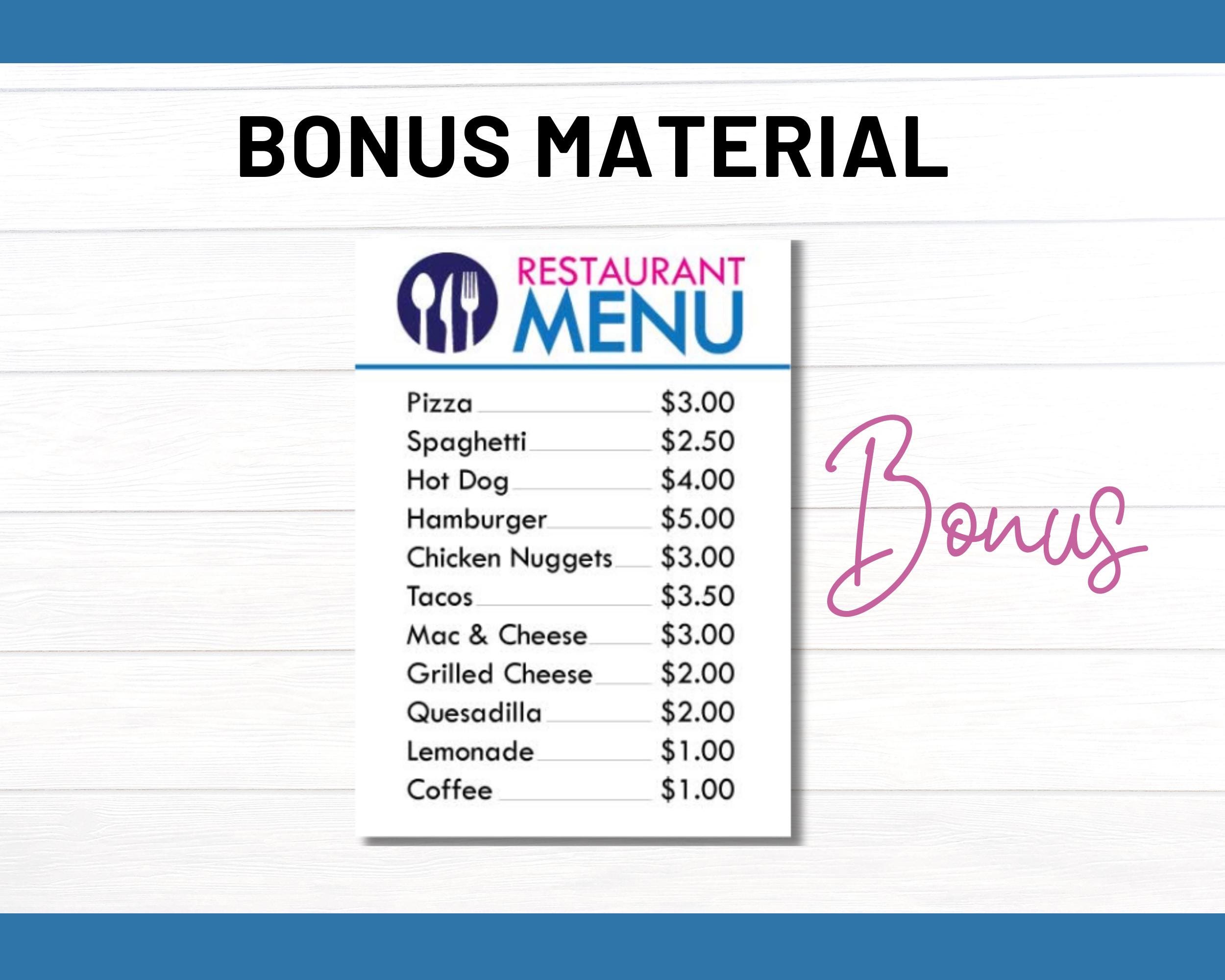 Pretend Restaurant Printable | Menu | Pretend Play | Instant Download ...