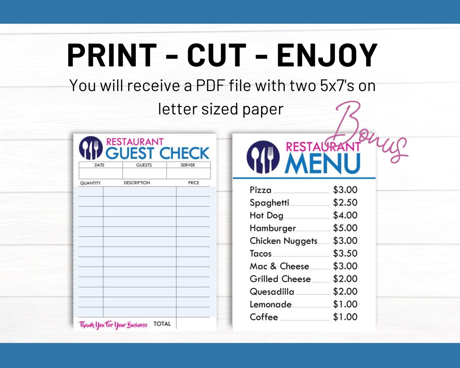 Pretend Restaurant Printable Menu Pretend Play Instant Download Food ...