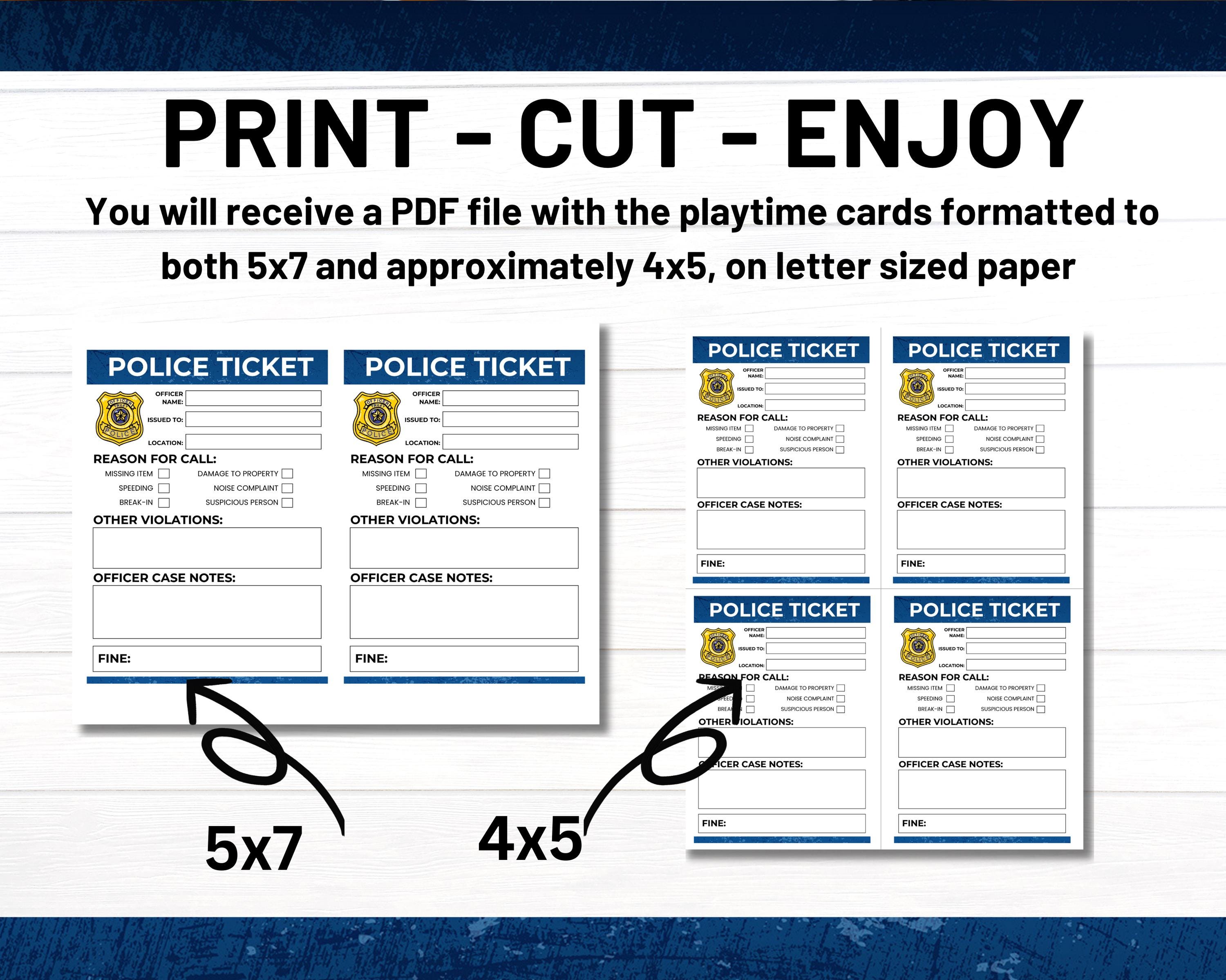 Playtime Police Ticket, Printable Play Cop, Instant Download, Law Enforcement Creative Fun ...