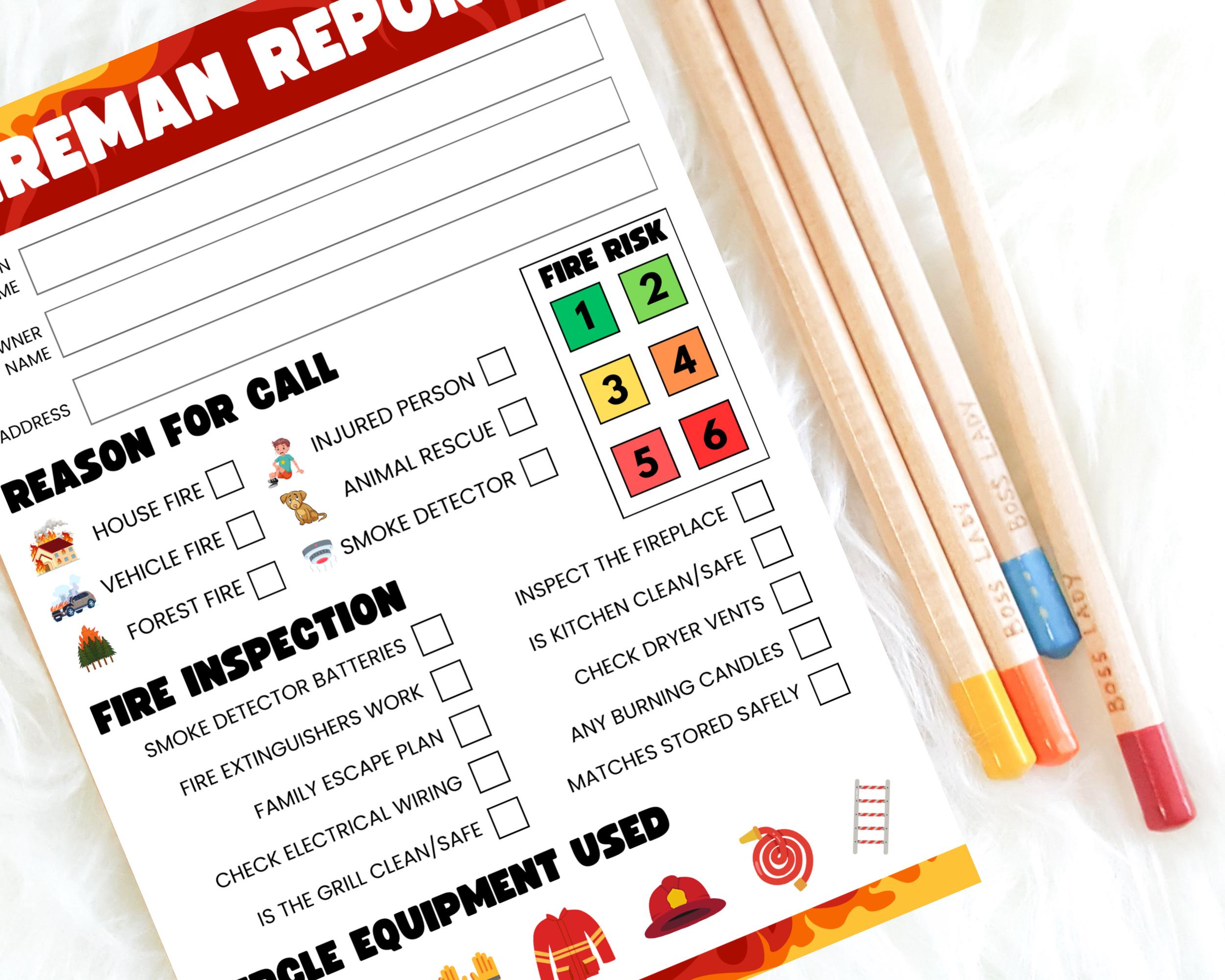 Pretend Fireman Report | Printable Play Fireman | Dramatic Play Fire ...