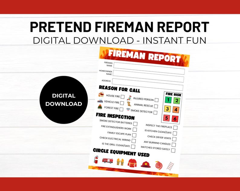Pretend Fireman Report | Printable Play Fireman | Dramatic Play Fire ...
