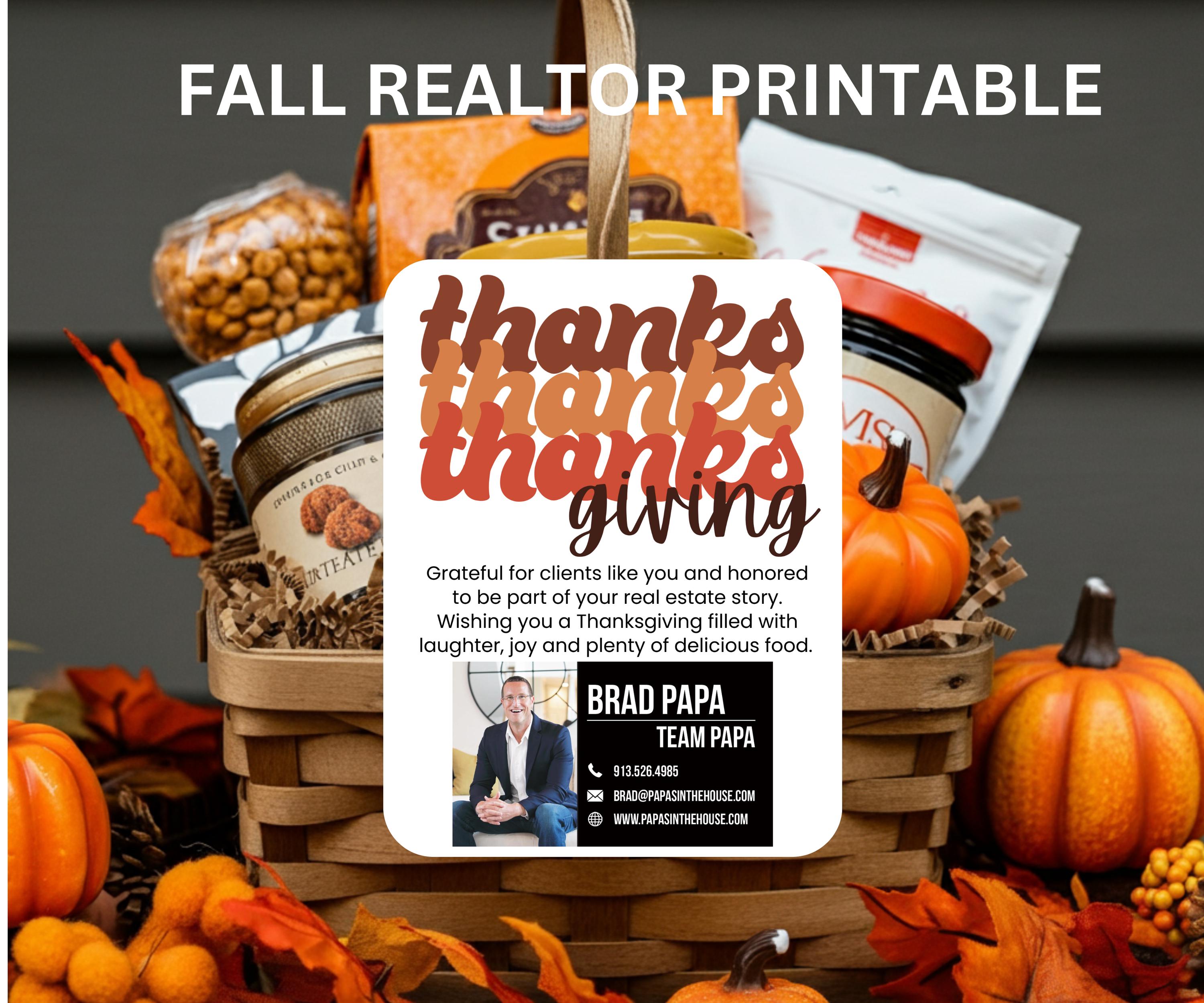 Realtor Thanksgiving Marketing Printable Tag, Autumn Real Estate Agent ...