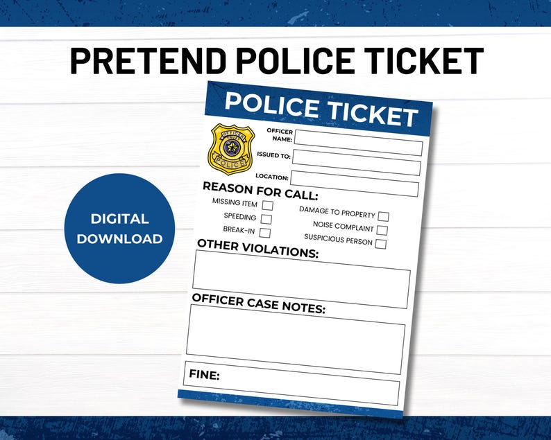 Playtime Police Ticket, Printable Play Cop, Instant Download, Law ...