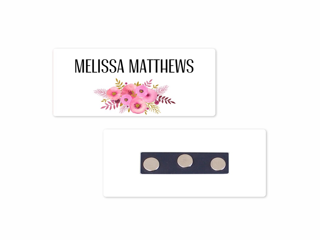 Personalized Magnetic Name Badge / Simple Pink Floral Custom Name Tag ...