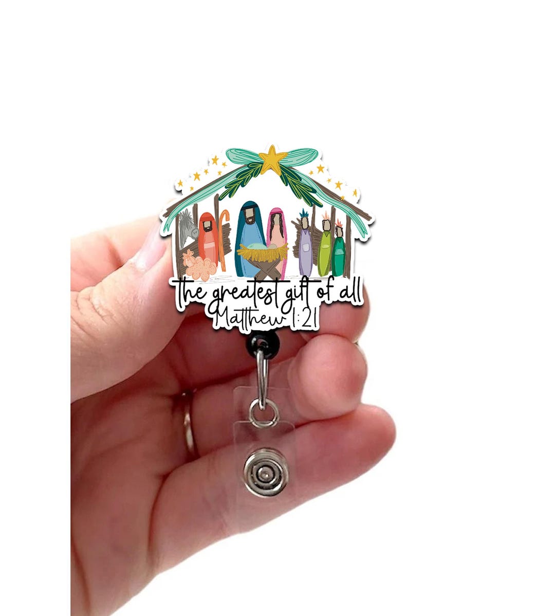 Greatest Gift of All Nativity Acrylic Badge Reel, Merry Christmas Badge ...