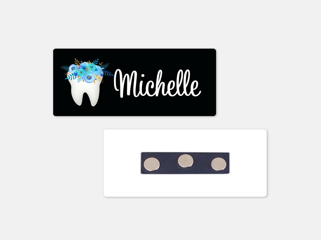 Personalized Magnetic Name Badge / Blue Floral Tooth / Custom Name Tag ...