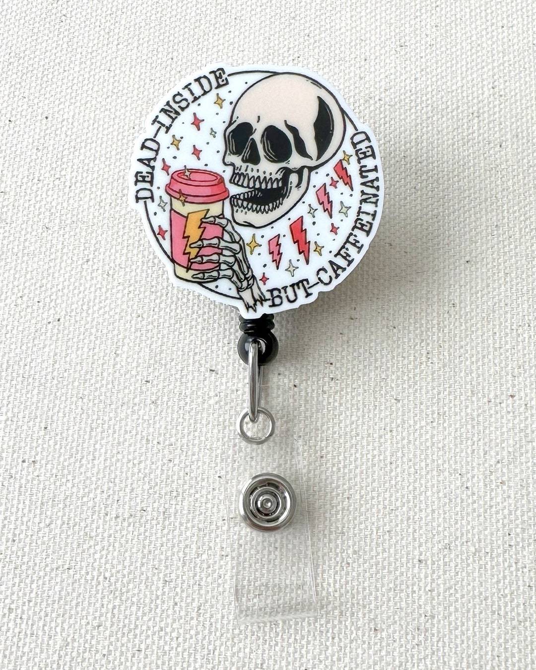 Dead Inside but Caffeinated Skull Badge Reel Acrylic, RN Badge, Nurse ...