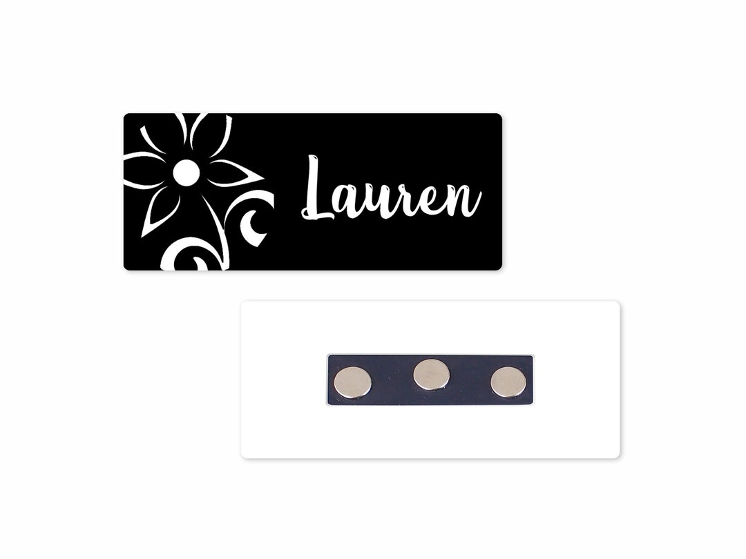 Personalized Magnetic Name Badge / Black and White Floral / Custom Name ...