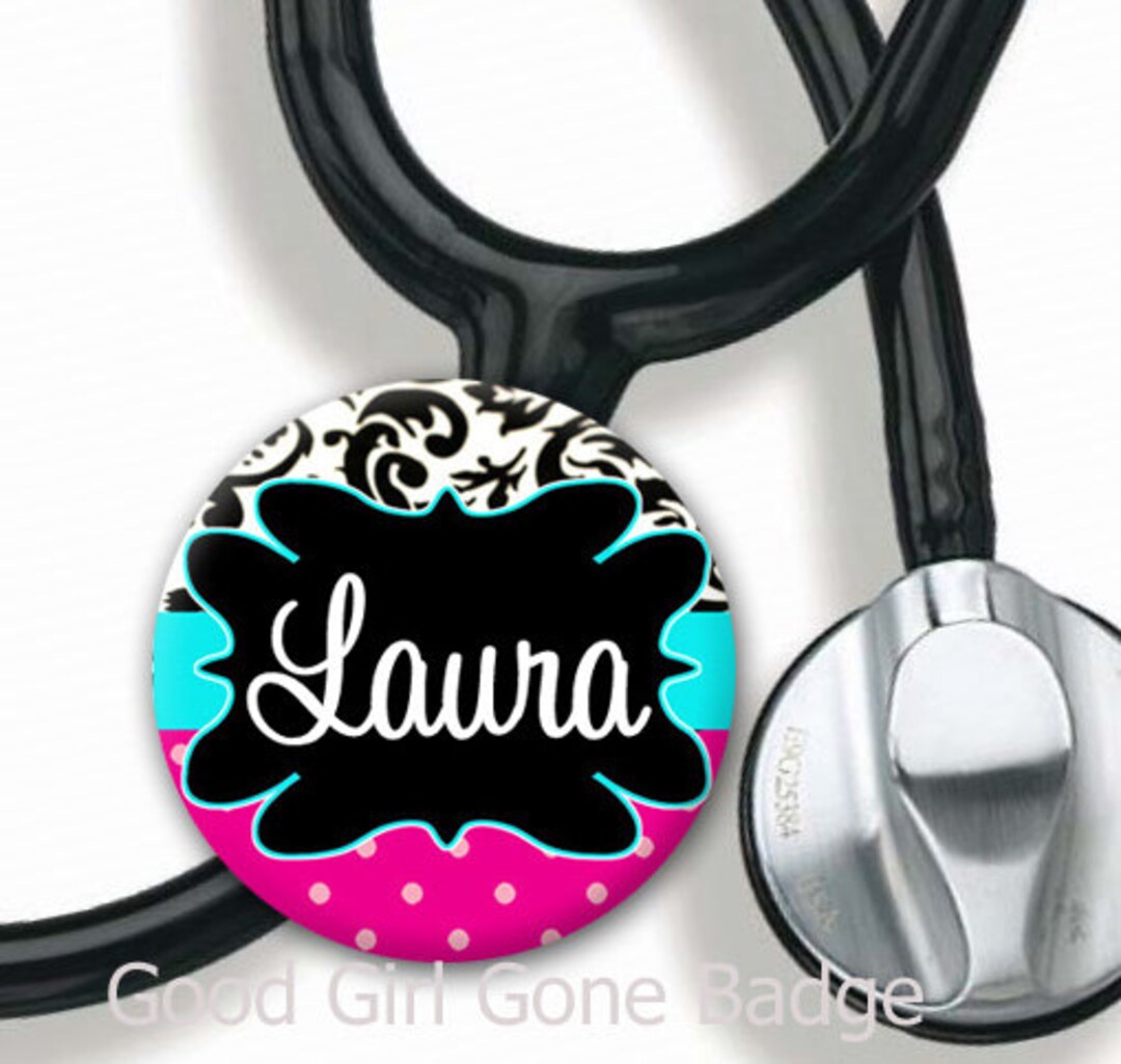 Stethoscope ID Tag Personalized Name Damask Blue Pink and Black Polka ...