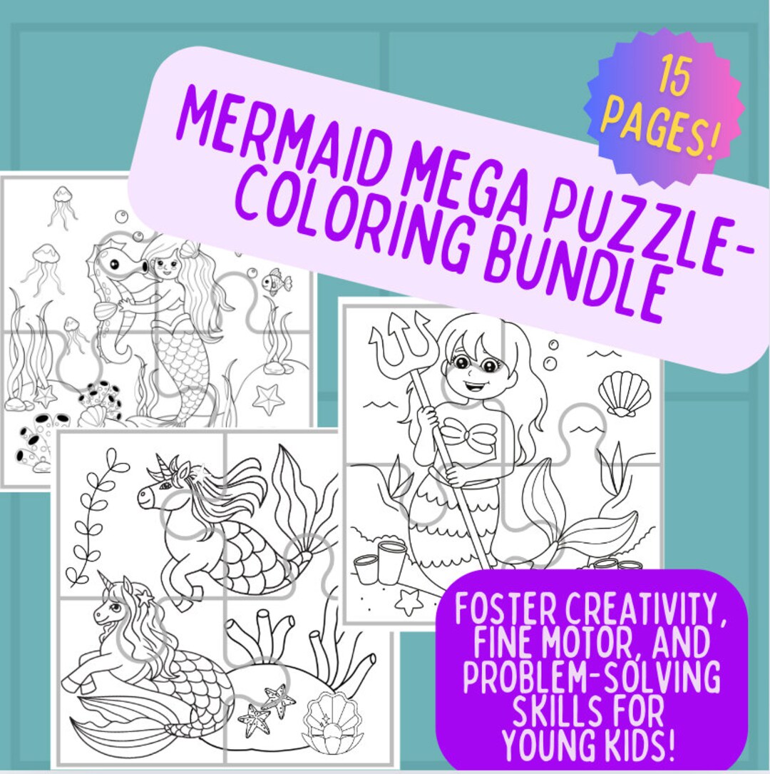 Kids Printable Unicorn Mermaid Summer Coloring Page & Puzzle Instant ...
