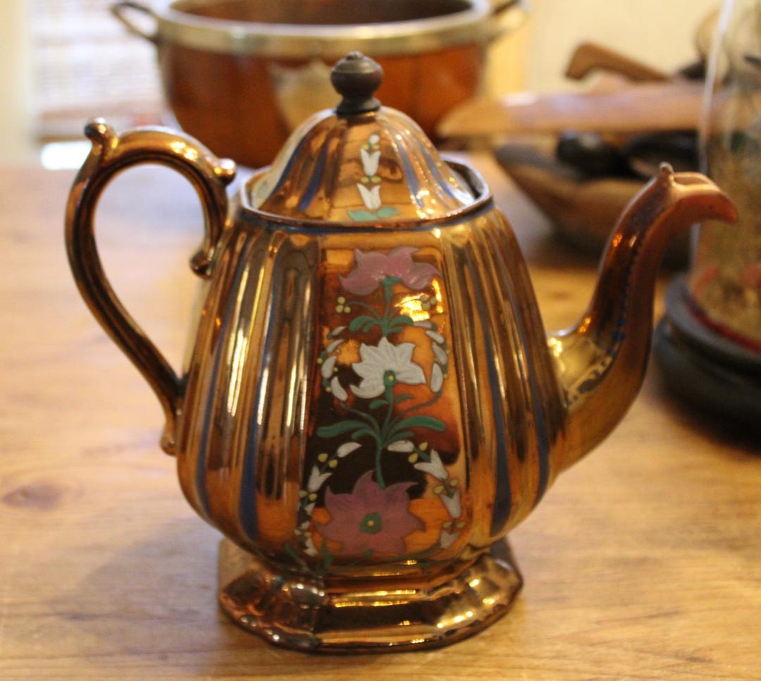 Antique Copper Lustreware Teapot: Floral Decor - Etsy