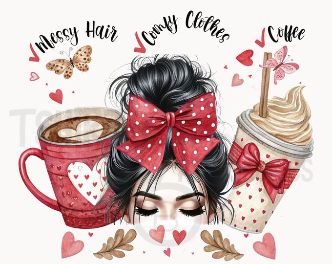 Messy Bun Brunette PNG: Valentines Coffee Hearts Design (digital ...
