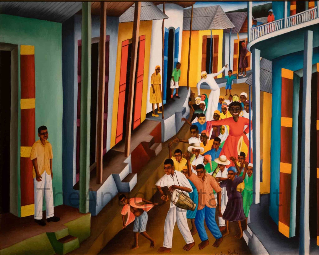Vintage Haitian Art Street Scene by Castera Bazile Vibrant Haitian Art ...