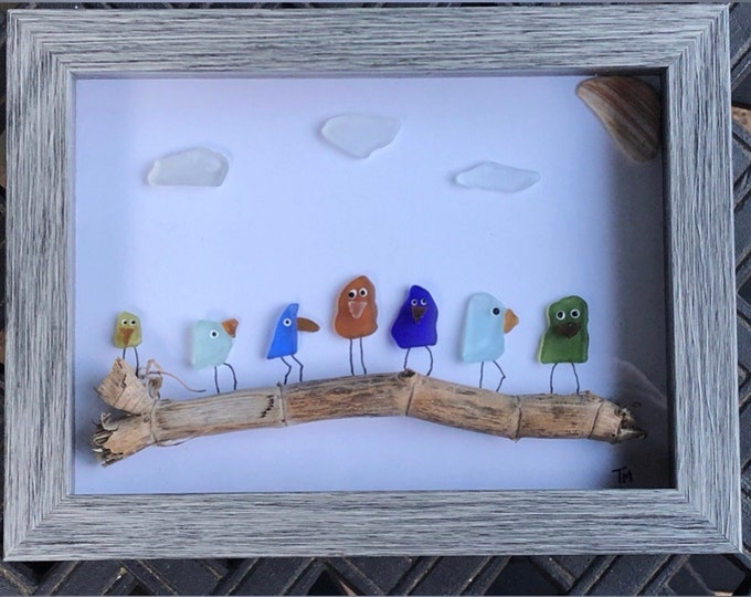 Handmade Sea Glass Beach Art Colorful Birds On Branch Shadow Box Etsy