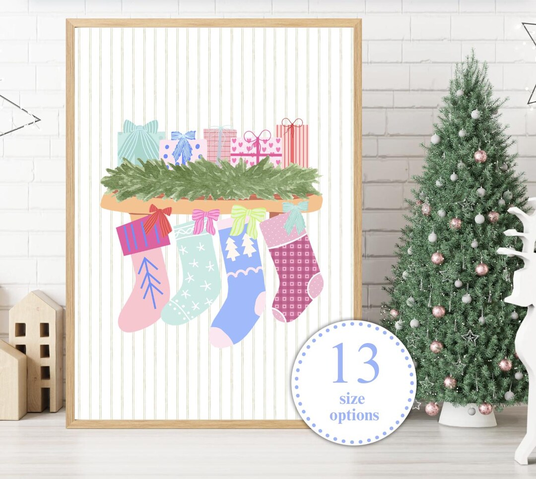 Pastel Christmas Stockings Poster, Holiday Art - Etsy