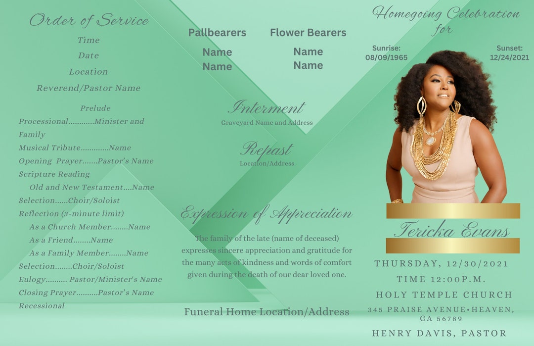 17 X 11 Tri-fold Editable Obituary Template Using Canva, Funeral ...