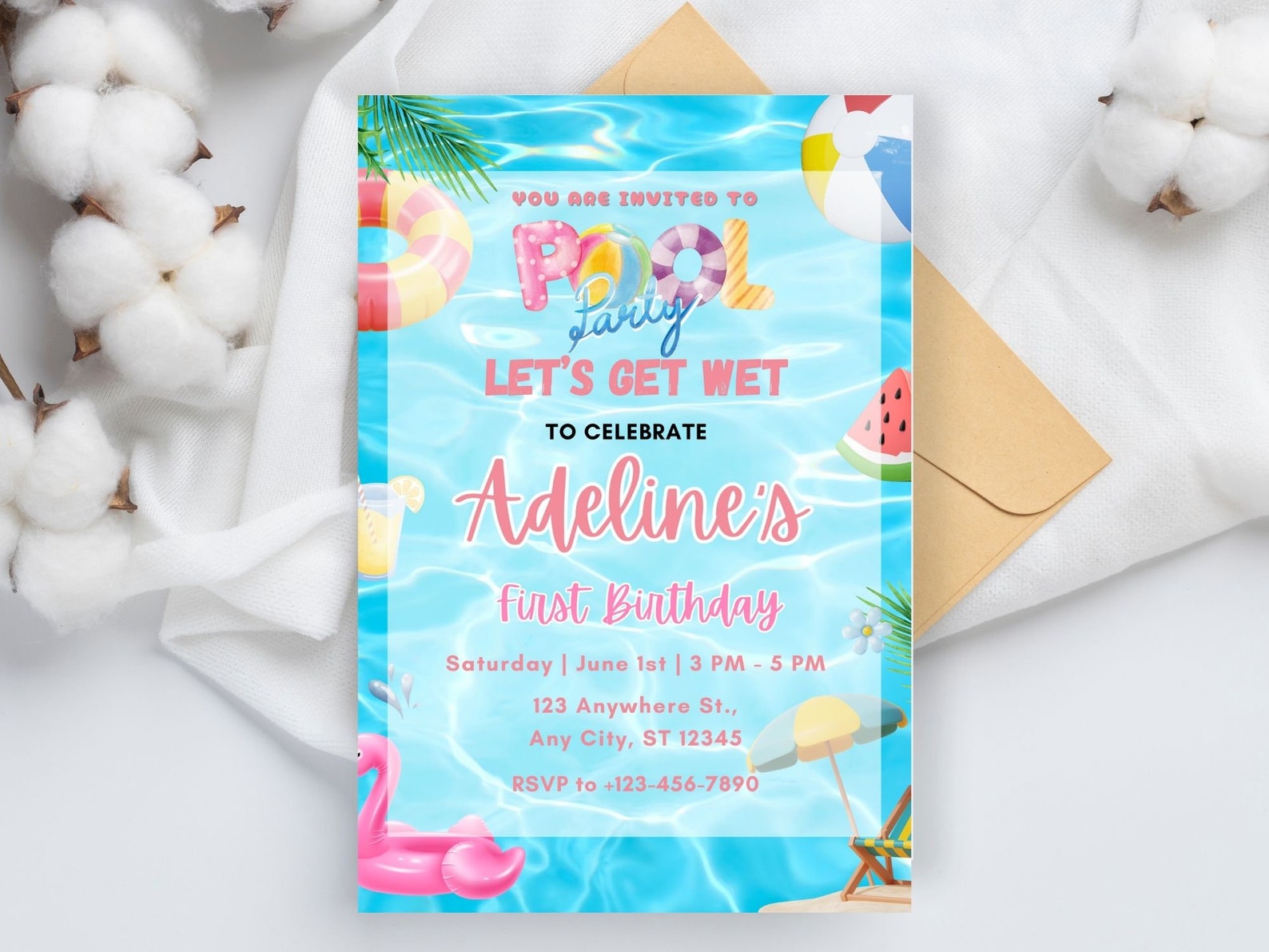 Pool Party Editable Invitation, Summer Birthday Party Evite, Text ...