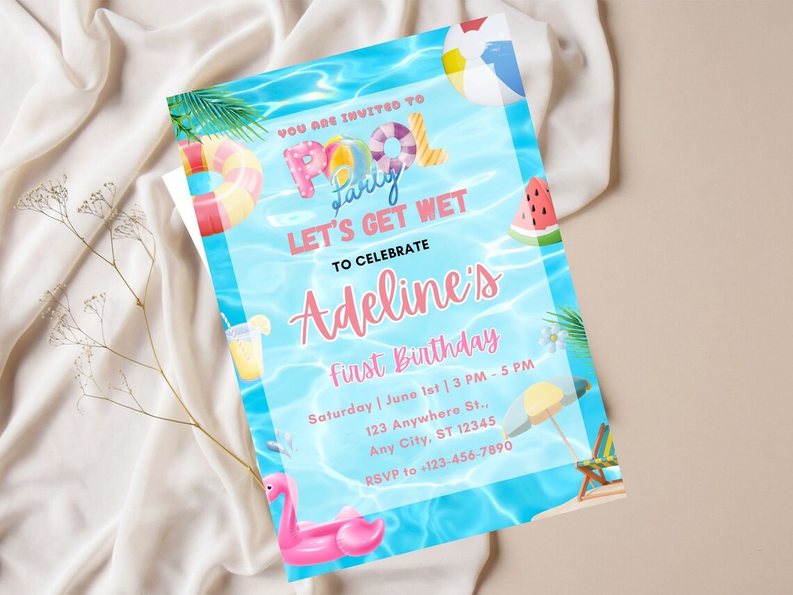 Pool Party Editable Invitation, Summer Birthday Party Evite, Text ...