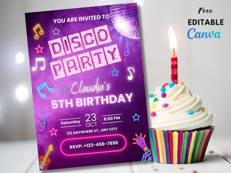 Editable Disco Party Invitation Neon Glow Disco Dance Party Invitation ...