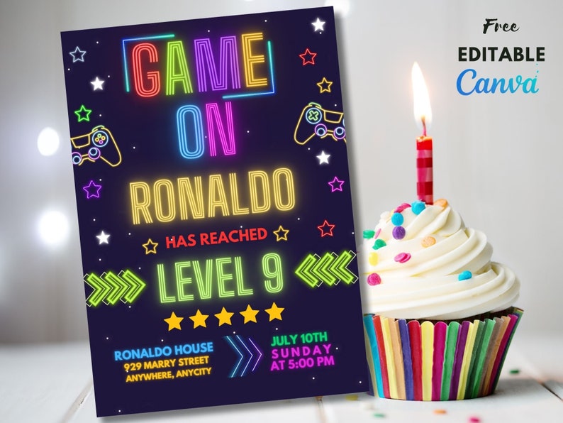 Video Game Birthday Invitation, Neon Glow Boy Gamer Party Invite Level ...