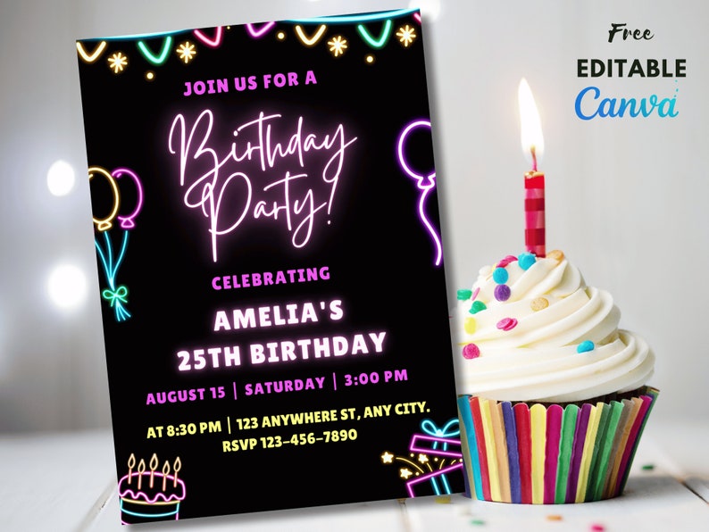 Neon Glow Birthday Party Invitation: Editable Canva Template - Etsy