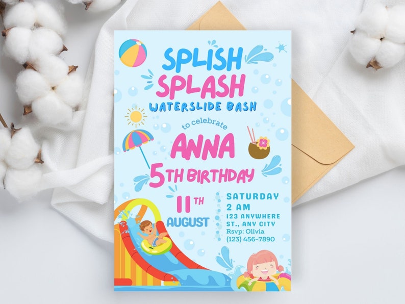 Editable Splish Splash Birthday Invitation Pool Party Girl Summer Waterslide Water Party Pink ...
