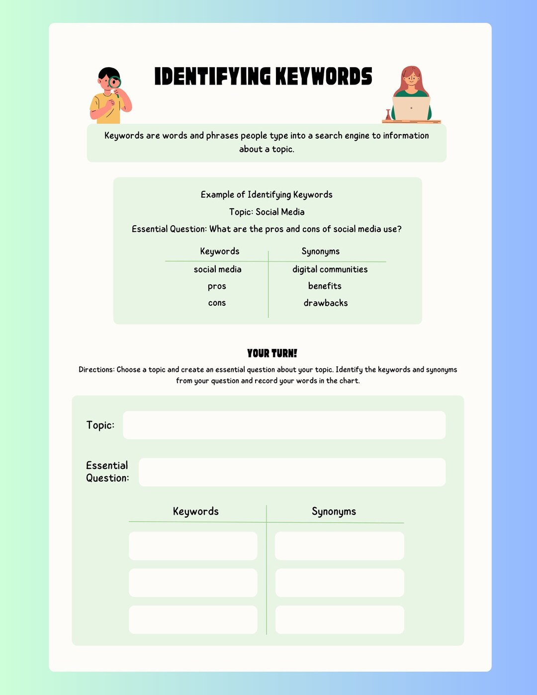 Identifying Keywords Worksheet - Etsy