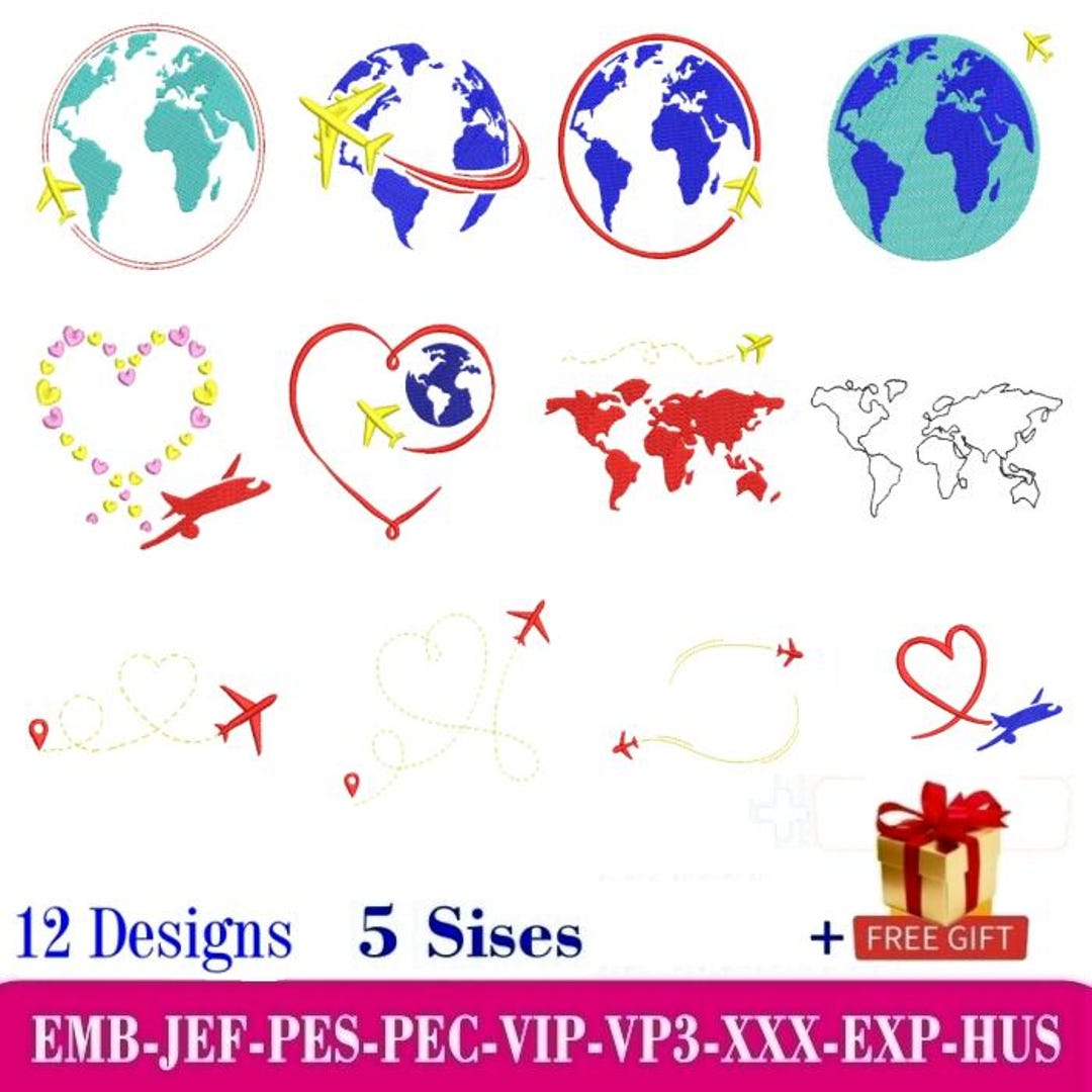Travel Adventure Embroidery Set - 12 Designs: Globes With Airplanes ...