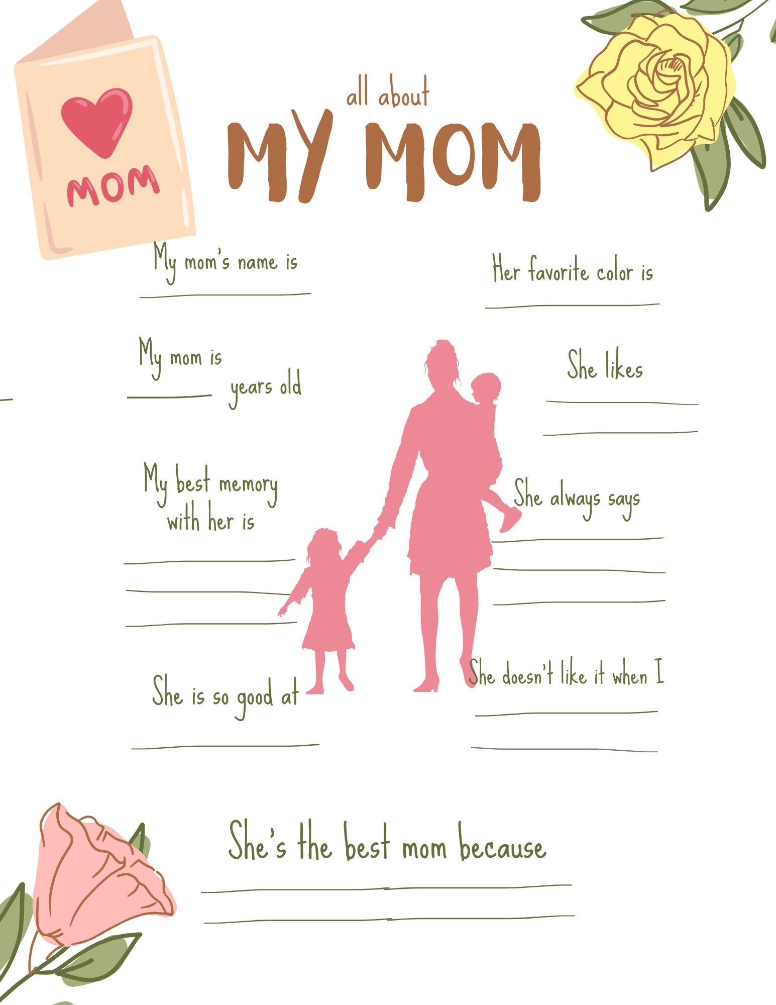 Mother's Day Printable Worksheet/card for Kids, All About My Mom, Last ...