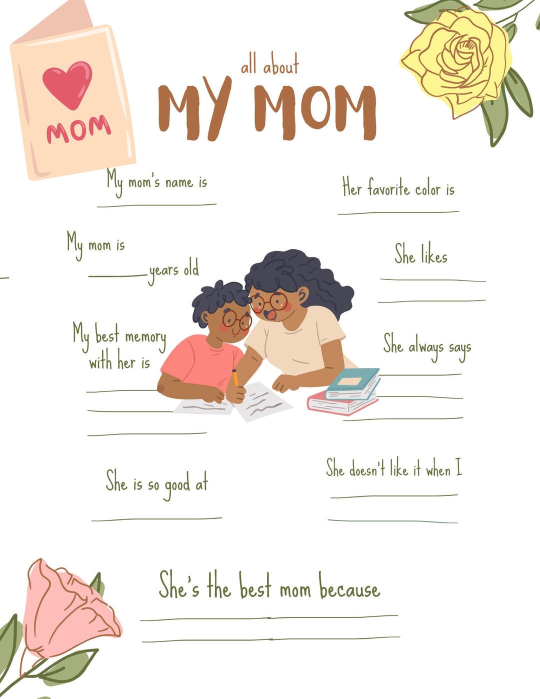 Mother's Day Printable Worksheet/card for Kids, All About My Mom, Last ...