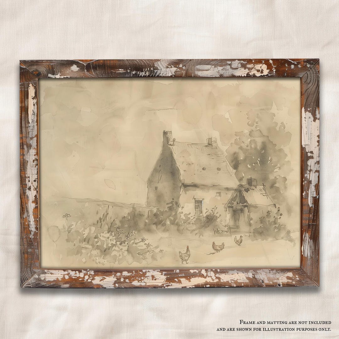 Vintage Cottagecore Drawing of Country Cottage Farmhouse Fine Art Print ...