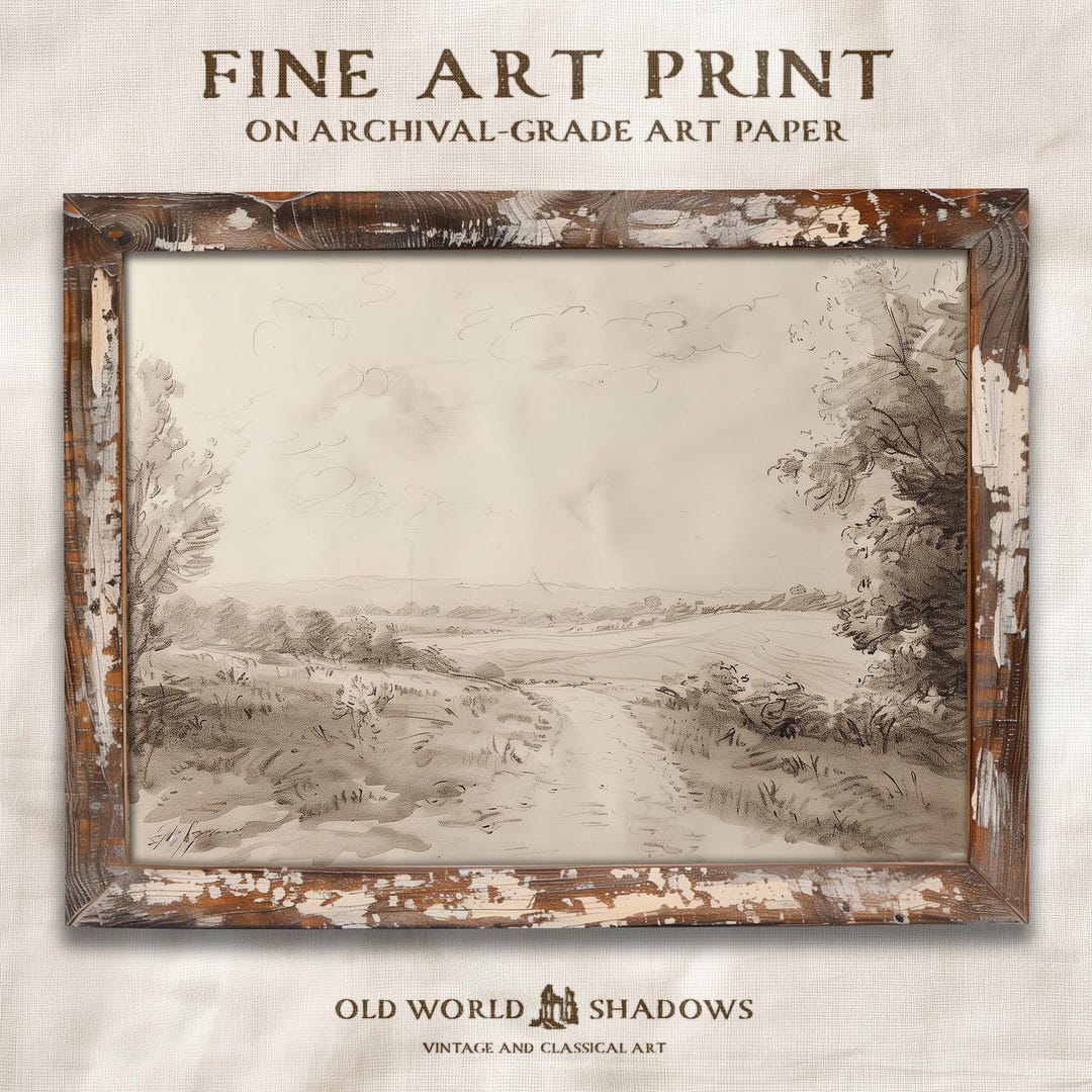 Vintage Landscape Drawing of Path in the Hills Fine Art Print for ...