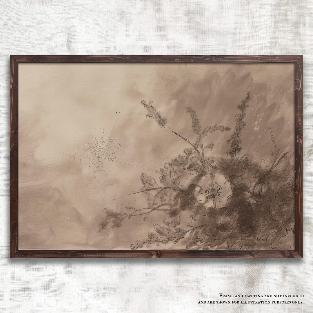 Vintage Dark Academia Drawing of Flowers and Spider Web Fine Art Print ...