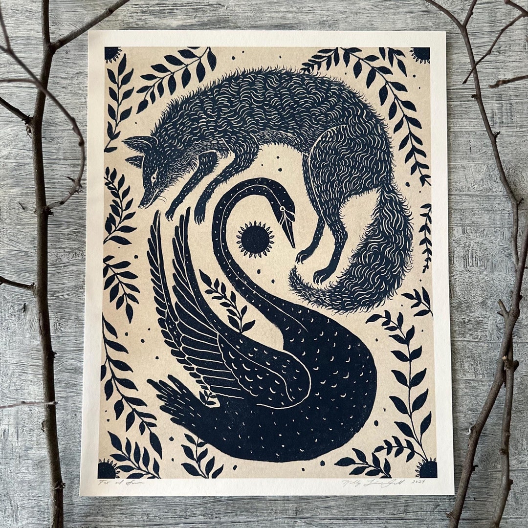 Blue Fox and Swan - Art Print - Etsy