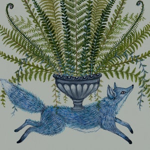 Blue Fox With Ferns Print - Etsy