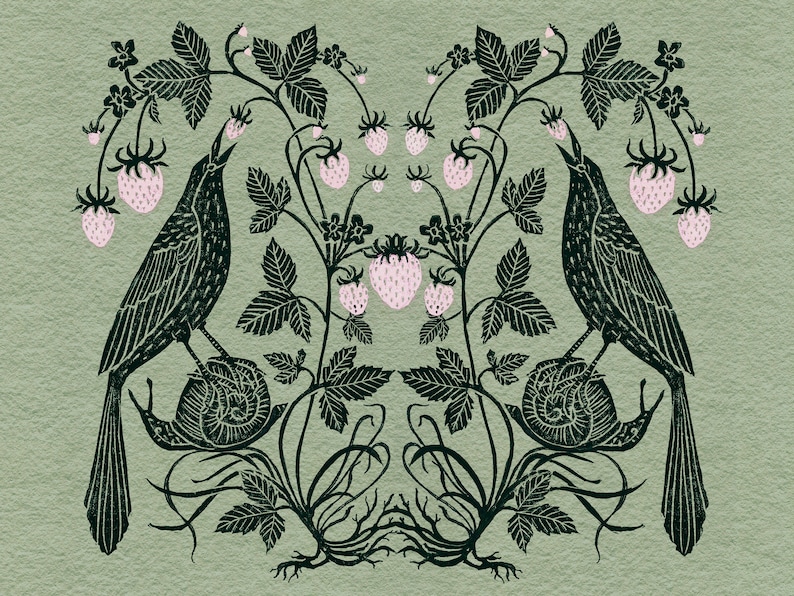 Birds and Snails with Strawberries - Print by swanbones ...
