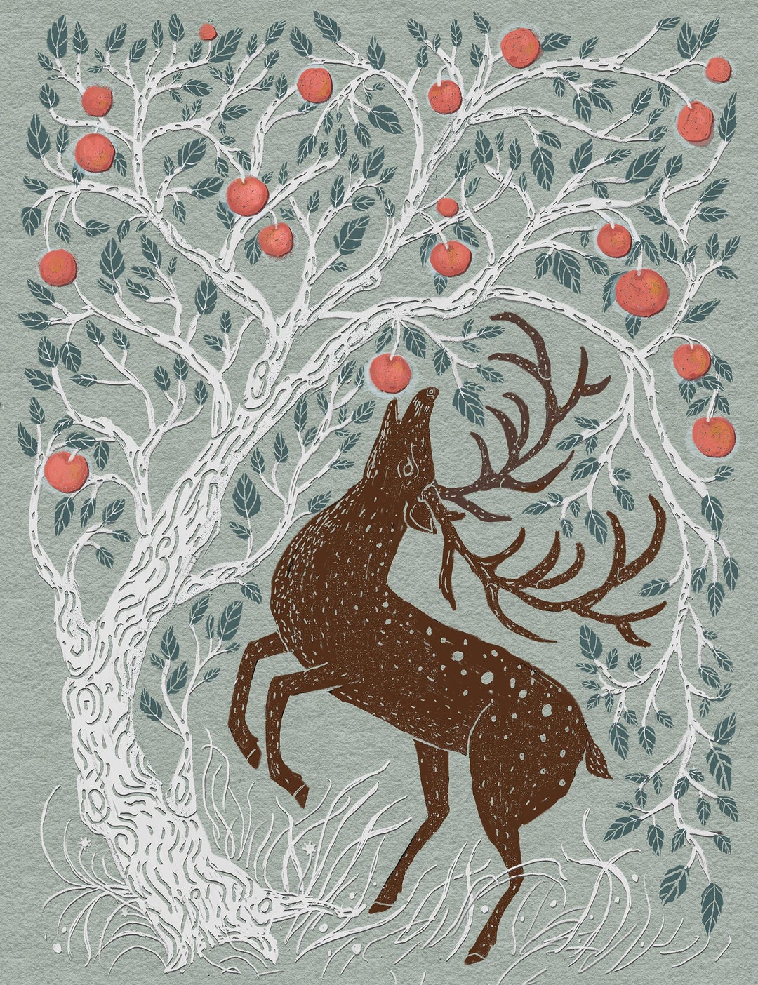 Stag Under an Apple Tree - Art Print - Etsy