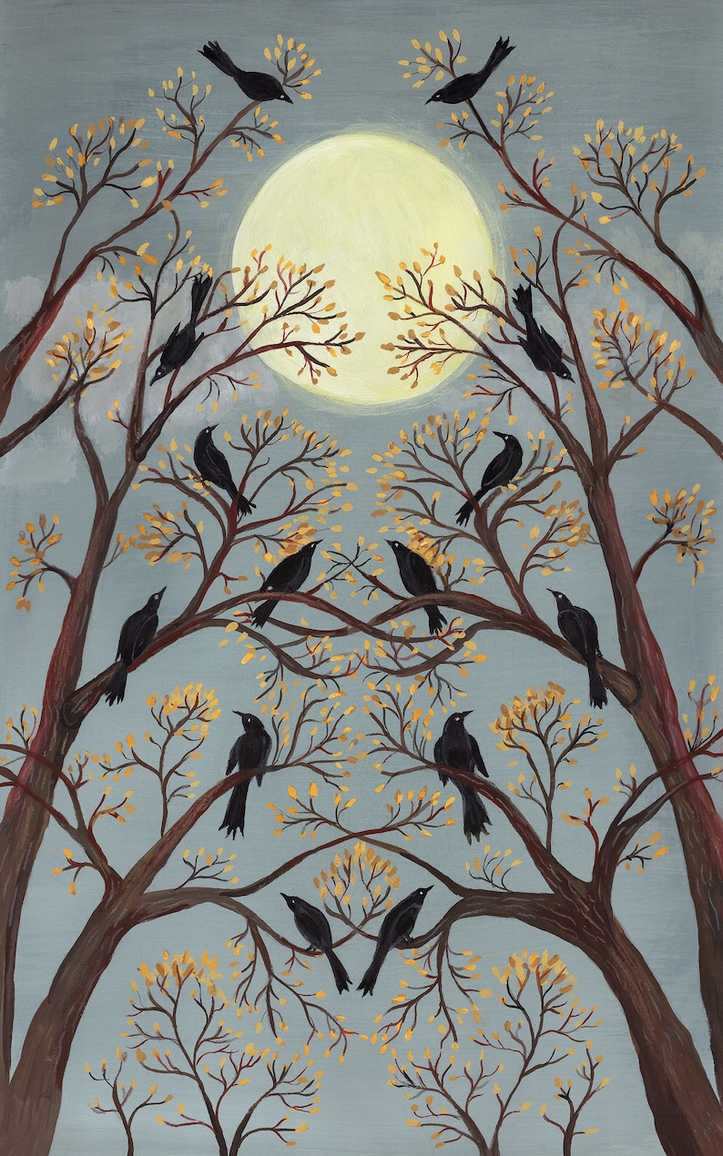 Blackbirds and the Full Moon Print - Etsy