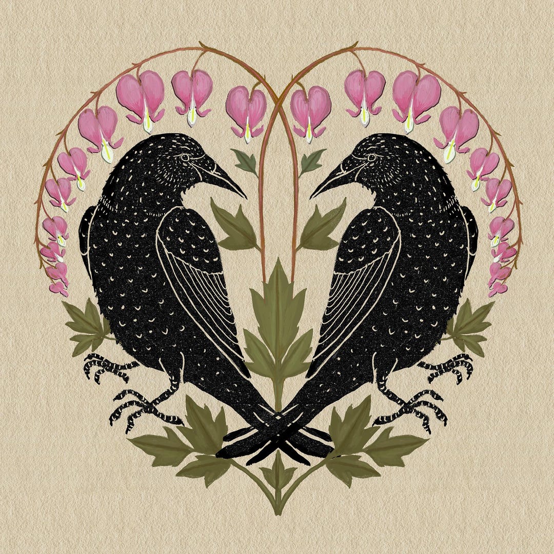 Bleeding Heart Crows - Botanical Crows - Art Print - Etsy