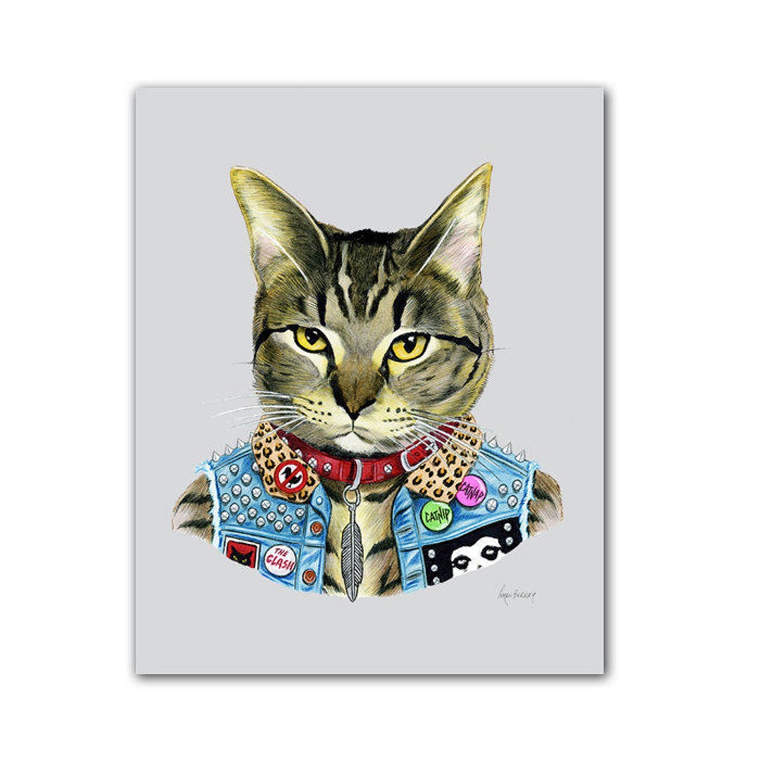 Punk Cat, Art Print, Pet Portrait, Animals in Clothes, Animal Art, Punk ...